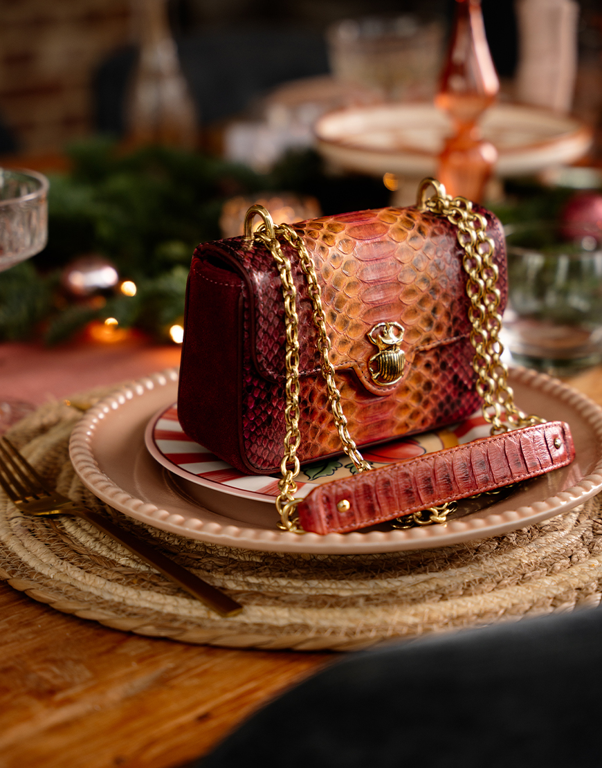 Claris Virot Mini Ava python tas bordeaux rose| Style secret